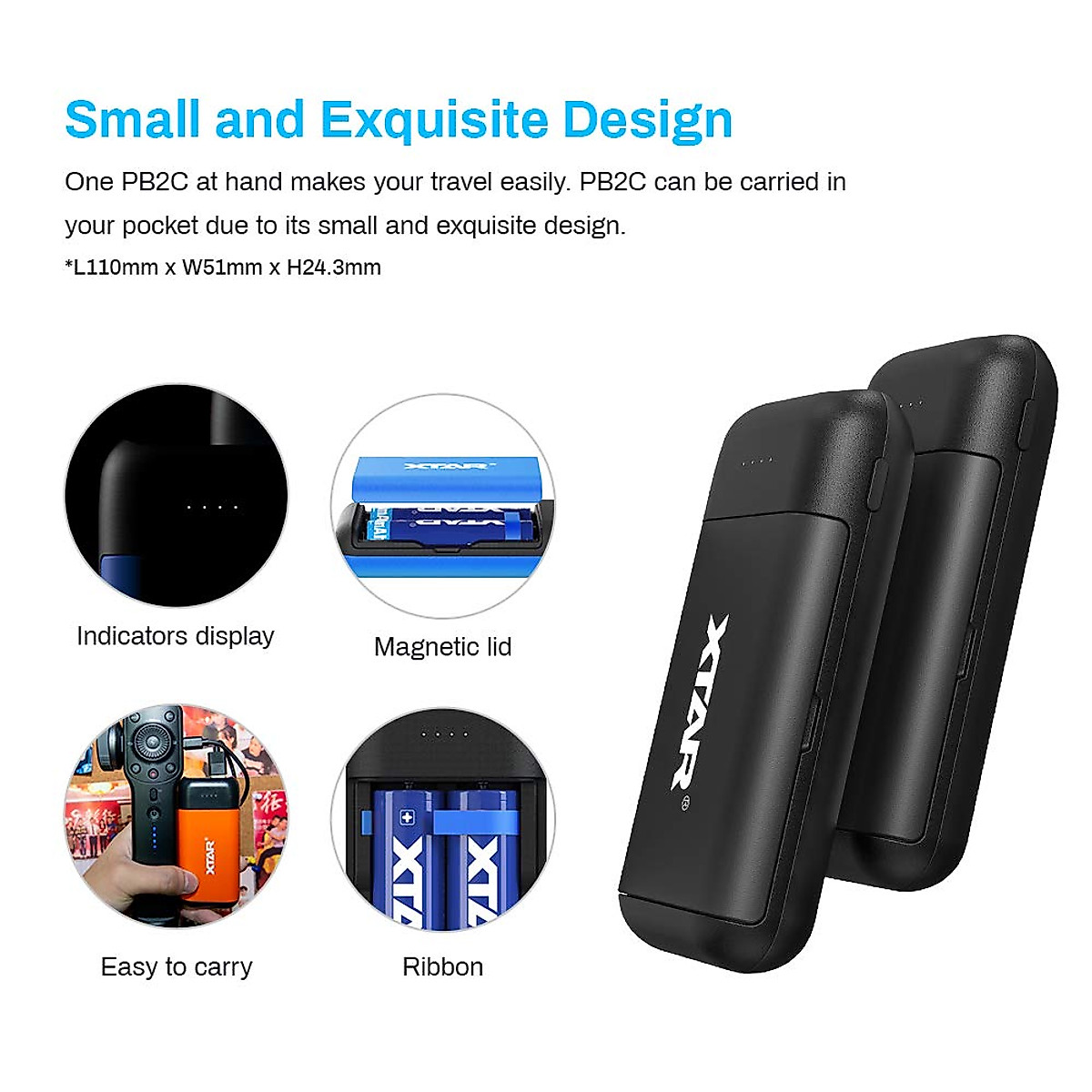 Speedy 18650 Battery Charger XTAR PB2C USB Output Function, Portable Li-ion 18650 Battery Charger Box w/USB Port and LED Display for all 18650 Batteries（Batteries NOT included)