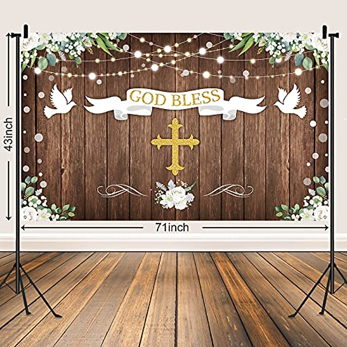 God Bless Baptism Backdrop First Holy Communion Party Decorations Christening Ceremony Newborn Baby Shower Banner Rustic Wood White Floral Ribbon Photography Background Decor Supplies 71 x 43 Inch