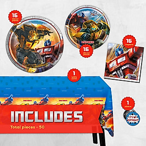 Transformers Birthday Party Supplies | Serves 16 Guests | Transformers Party Supplies | Transformer Dinner & Cake Plates, Napkins, Tablecover, Button | Officially Licensed