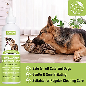 Pjordo Ear Cleaner for Dogs and Cats, 8oz Pet Ear Cleaner Solution, Dog Ear Treatment Helps Reduce Wax, Debris, Odor, Itching, Irritation, Cat Ear Wash Drops with 50pcs Cotton Swabs