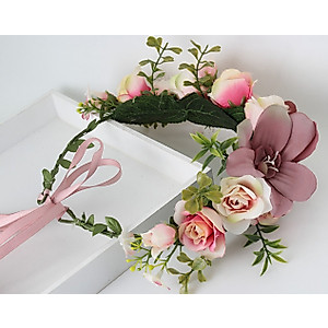 Vivivalue Women Flower Crown Bridal Flower Headband Hair Wreath Floral Headpiece Halo Boho with Ribbon Wedding Party Festival Photos Pink