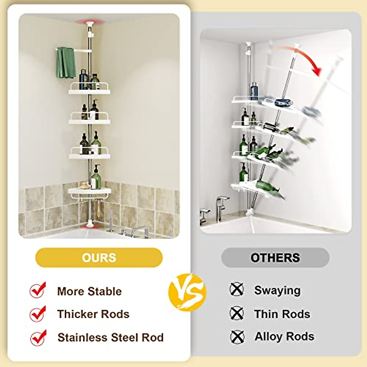 Corner Shower Caddy Tension Pole: Adjustable Stainless Steel Shower Organizer with 4 Tier Shelf for Bathroom Bathtub Tub Shampoo - Floor Standing Rack Bath Storage Holder with Rust Proof Rods