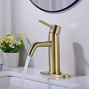 TRUSTMI Brass Single Lever Single Hole Bathroom Basin Sink Faucet with Pop Up Drain Assembly and 6-Inch Hole Cover Deck Plate,Brushed Gold