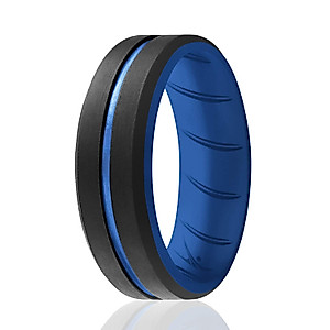 ROQ Silicone Rubber Wedding Ring for Men, Comfort Fit, Men's Wedding Band, Breathable Rubber Engagement Band, 8mm Wide 2mm Thick, Engraved Duo Middle Line, Single, Black & Light Blue, Size 10