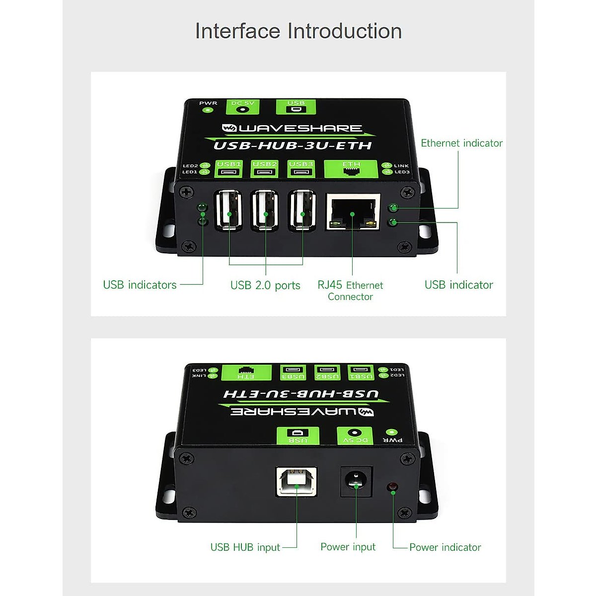 Waveshare Industrial Grade Multifunctional USB HUB Extending 3X USB Ports + 100M Ethernet Port Suitable for Industrial/Office Environments Requiring Higher Level Device and Network Connection