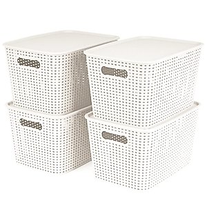 OLLIC Plastic Bins Large Storage with Lids | Korean Organizer Bin Basket Set for Organizing Baskets in Closet and Home (WHITE, LARGE_4PK)