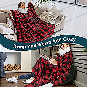 PAVILIA Wearable Blanket Poncho with Neck Warmer Hood, Plush Oversized Poncho Sweater, Large Blanket Cape Hoodie with Giant Pocket, Soft Cozy Gift for Women Men Adult (Sherpa Fleece, Checker Red)