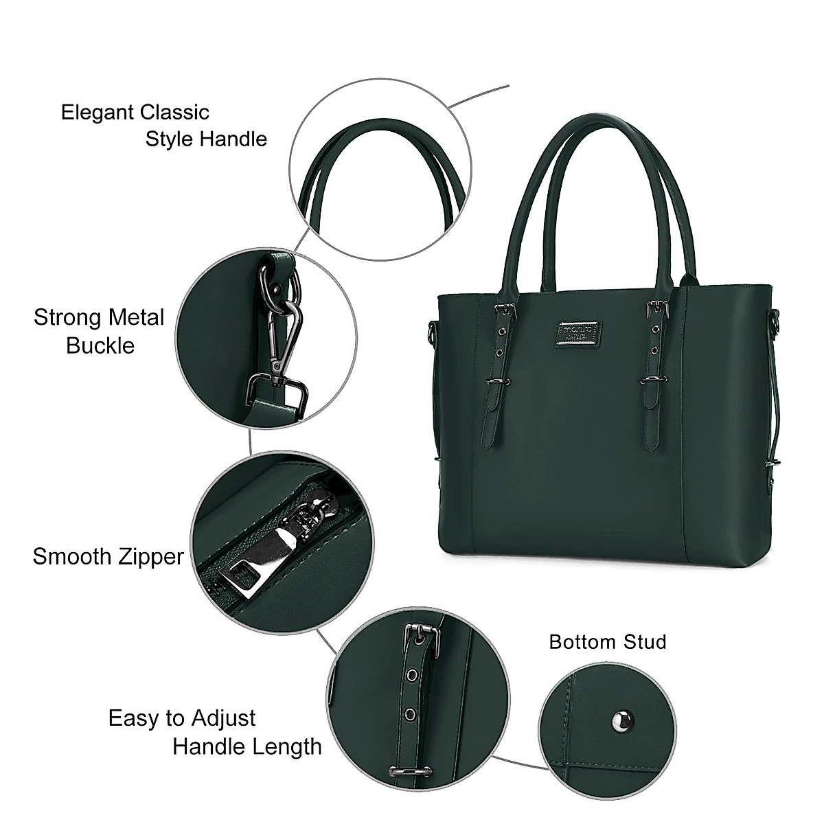 MOSISO PU Leather Laptop Tote Bag for Women (13-13.3 inch), Waterproof Large Capacity Business Work Briefcase Shoulder Laptop Bag, Midnight Green