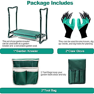 Garden Kneeler and Seat,with 2 Tool Bags Pouches and Claw Gloves,Portable Lightweight Garden Bench Thicken EVA Foam Pad Sturdy Steel Pipe Practical Garden Tools(Green)