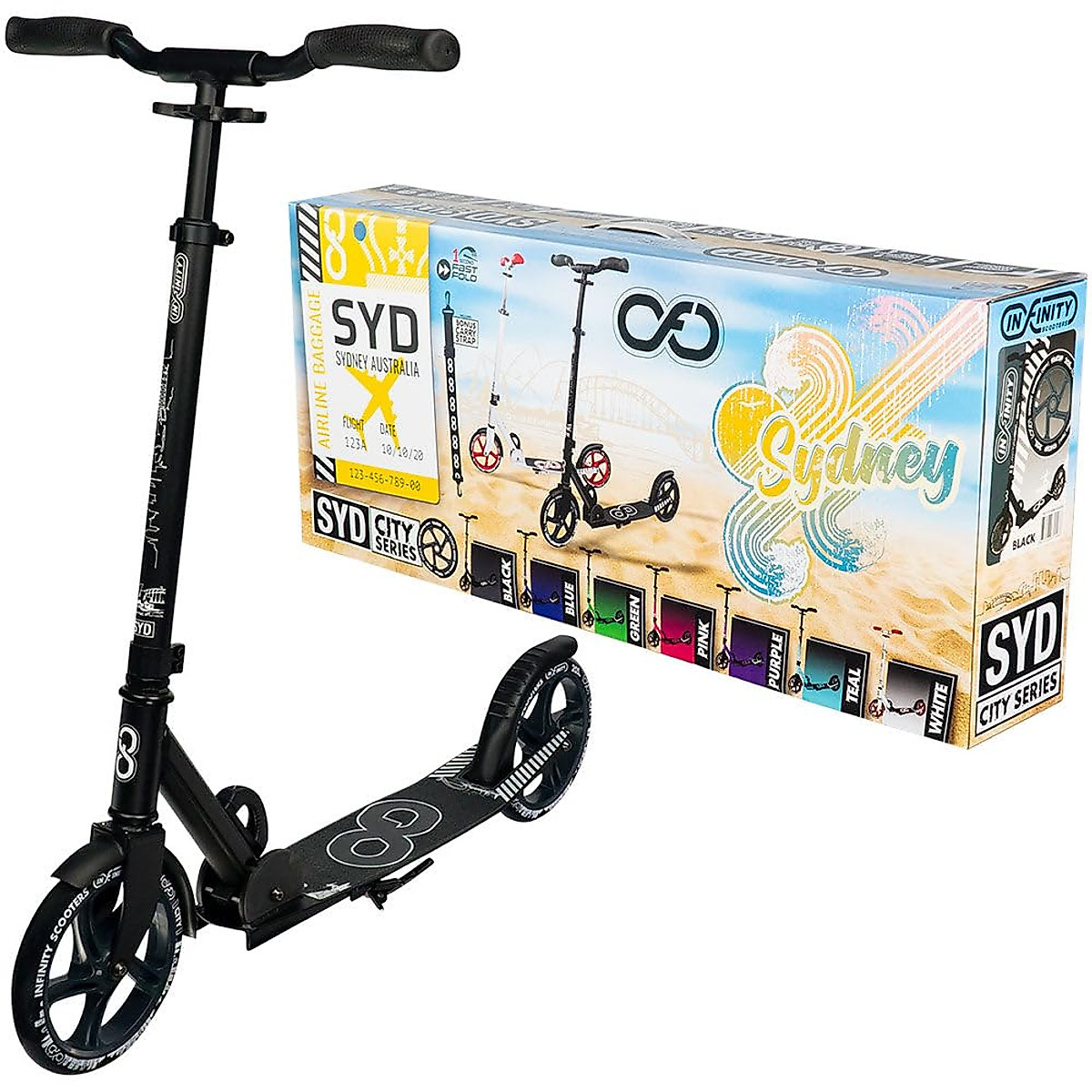 Crazy Skates Foldable Kick Scooter - Kick Scooters for Adults, Teens and Kids with Carrying Strap - Fast Folding, Adjustable Handlebars and Lightweight - Sydney Scooter (SYD) - Black
