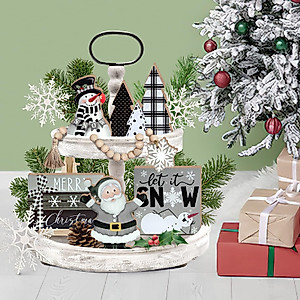 Uruney Merry Christmas Tiered Tray Decor, Grey Xmas Tree Santa Tray Decorations, Gray Snowman Snowflake Let It Snow Wooden Signs, Holiday Rustic Farmhouse Home Decor for Table Shelf Mantel Party