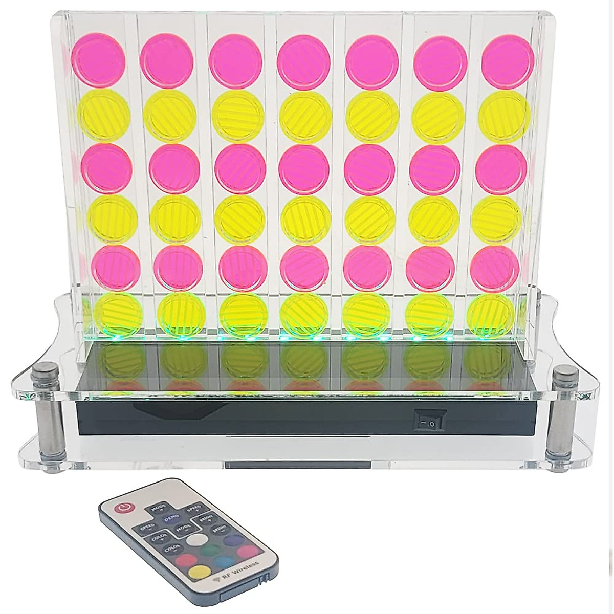 OnDisplay Luxe Glowing Acrylic Four in a Row Game w/Lights & Remote Control (Pink/Yellow)
