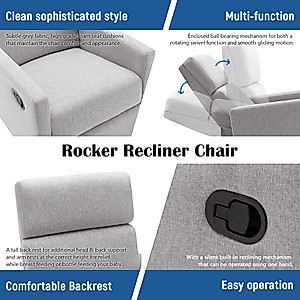 LUMISOL Swivel Glider Rocker Recliner Chair, Manual Glider Reclining Sofa Chair for Nursery, Linen Upholstered Glider Rocker with High Back for Living Room, Bedroom, Grey