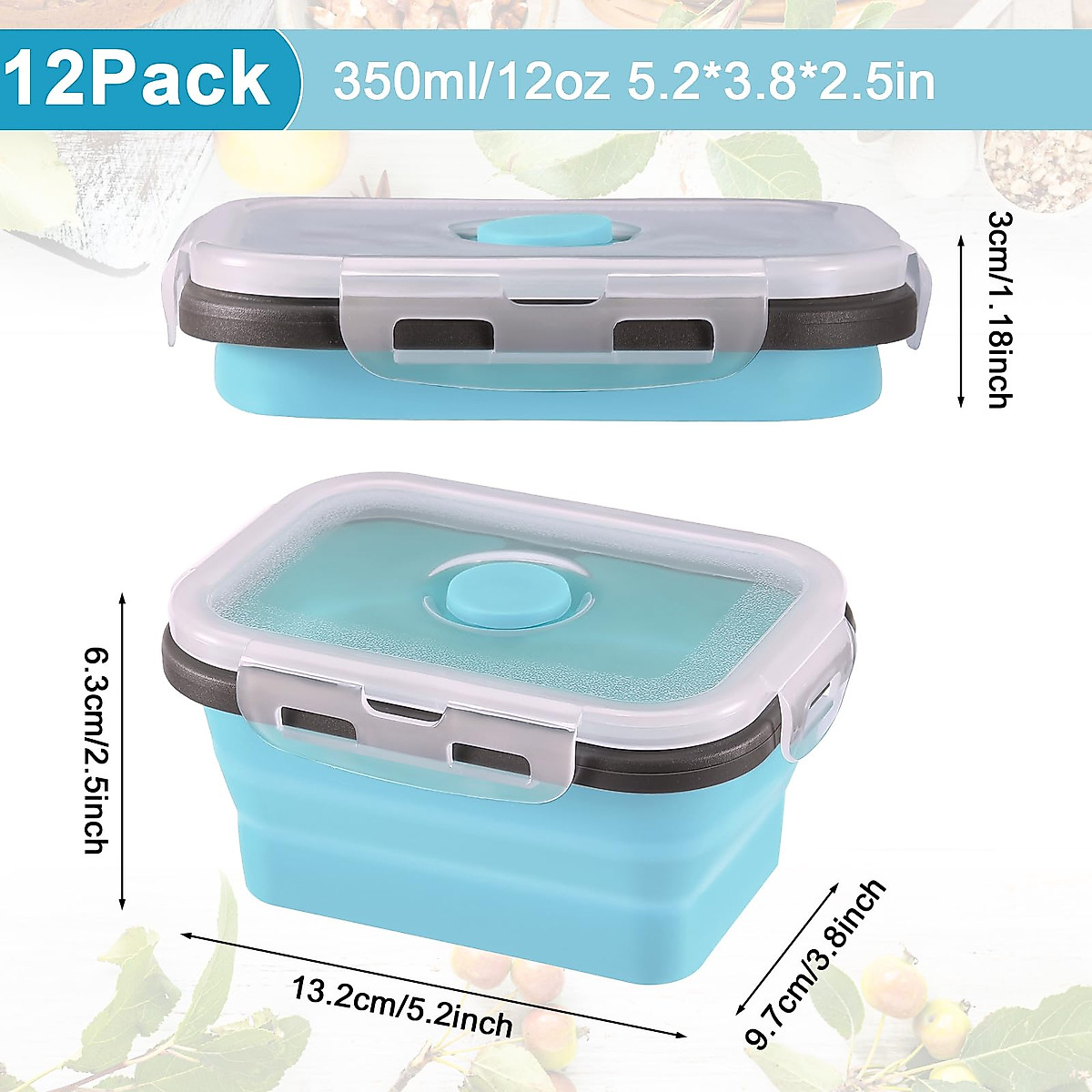 Mifoci 12 Pcs 12 oz Silicone Collapsible Food Storage Containers Bulk Rectangle Collapsible Meal Prep Container Collapsible Bowl with Clear Lids Vent, Freezer, Microwave Dishwasher Safe (Gray Blue)