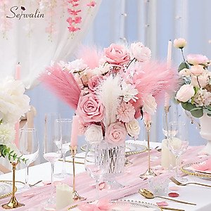 Serwalin Pampas Grass Pink 17.7 Inch 6pcs, Artificial Pampas Grass Faux Pink Pompas Grass Decor, Short Pompous Grass Blush Room Decoration, Wedding Party Centerpieces Valentine Mothers Day