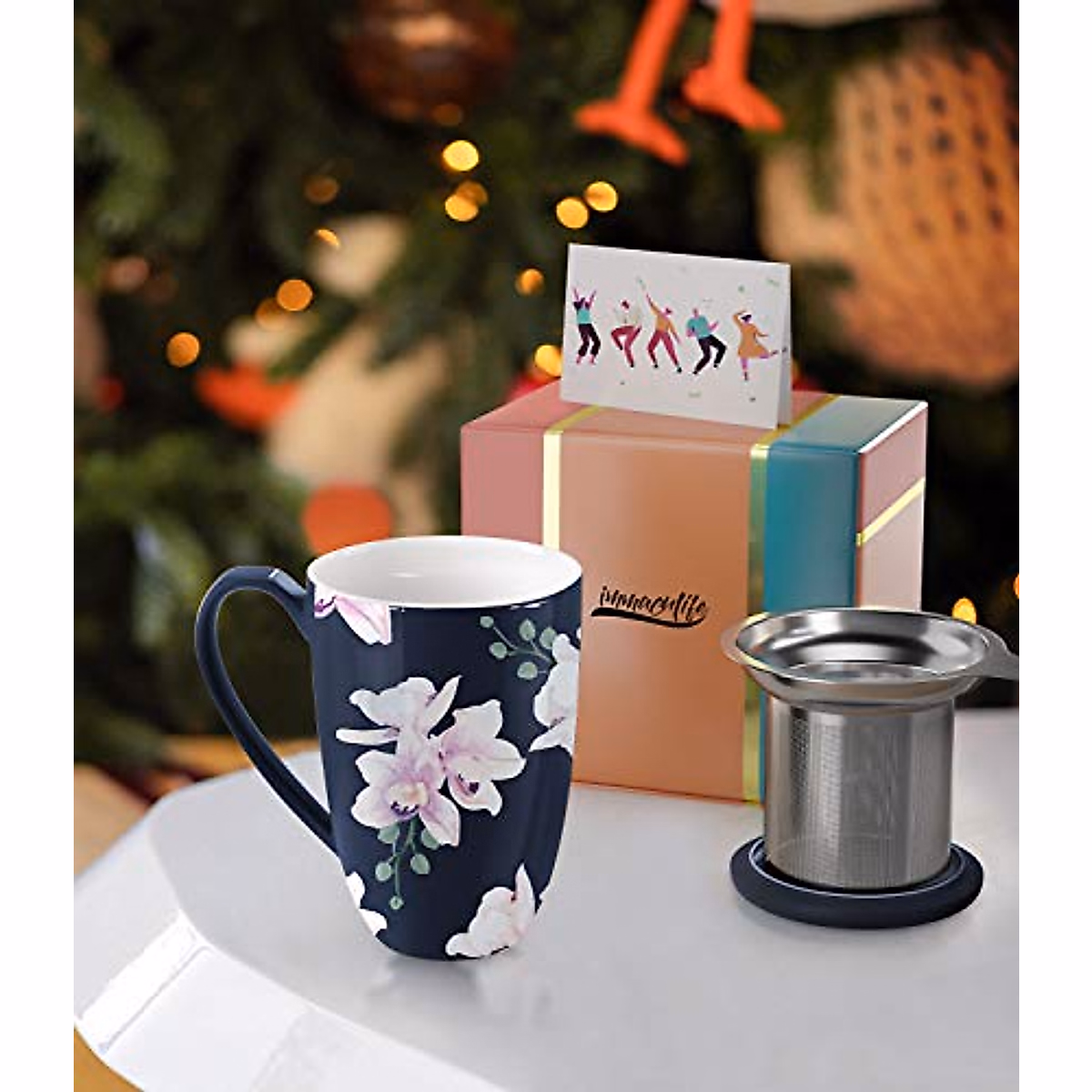 immaculife Tea Cup with Infuser and Lid for Steeping Loose Leaf Tea Bag Coffee Milk Women Office Home Gift 16oz Navy Floral Print