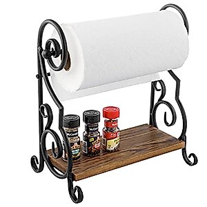 MyGift Black Metal Countertop Paper Towel Holder with Rustic Solid Burnt Wood Storage Shelf and Scrollwork Design, Easy Refill Single Roll Holder
