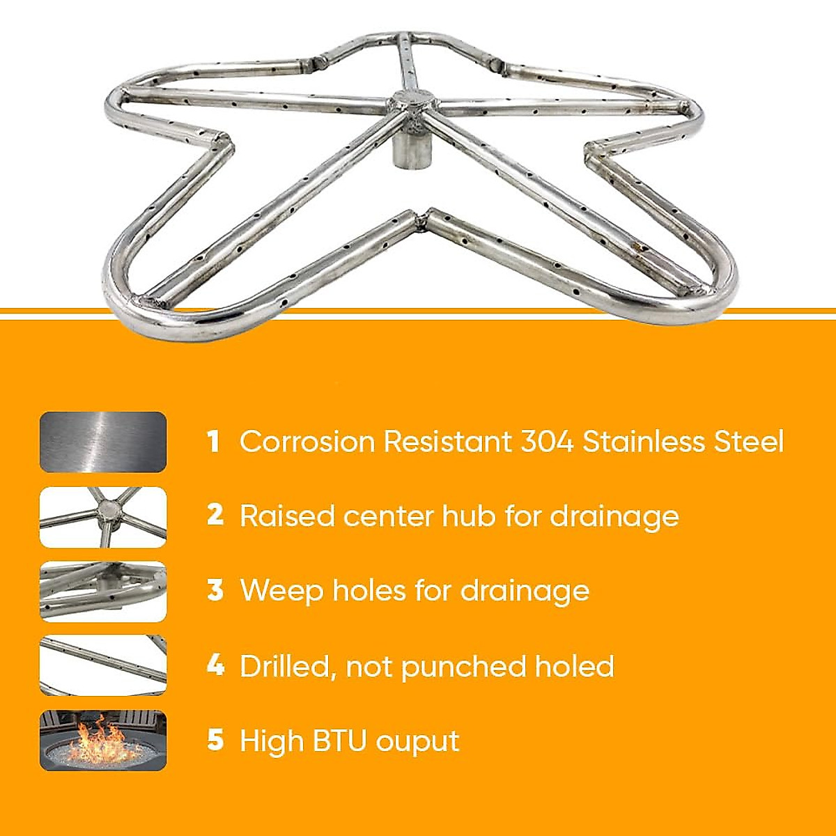 Spotix HPC Penta Match Lit Fire Pit Burner Kit with 30-Inch Stainless Steel Burner and 36-Inch Square Flat Pan, Propane, Polished Chrome, with Flange, Key, Valve, Flex Line and Fittings