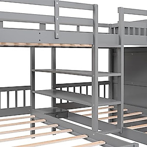 DEYOBED Full-Over-Twin-Twin Triple Bunk Bed with Large Wardrobe, Drawers and Shelves Storage, Wooden L-Shaped Bunk Beds with Mirror for Kids Teens Adults, Ideal Bedroom Furniture, Gray