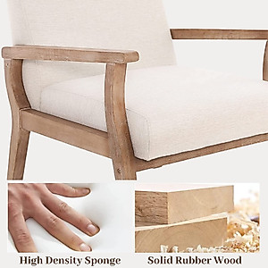 CIMOO Beige Accent Chair Mid Century Modern Armchair Wood Sitting Chair Linen Fabric Upholstered Side Chair Comfortable Chair for Living Room Bedroom Cream