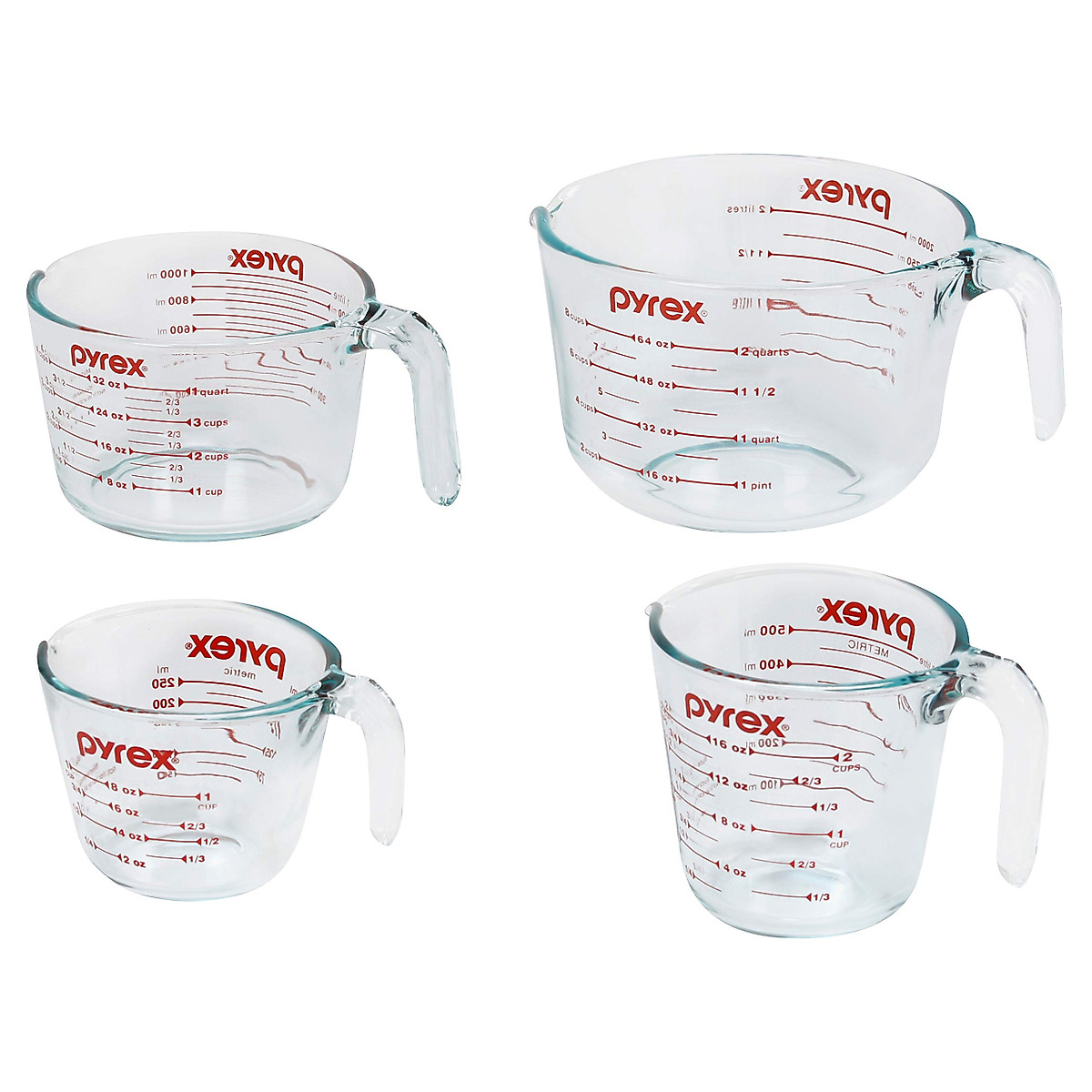Pyrex Tempered Glass Liquid Measuring Cups Set, Includes 1-Cup, 2-Cup, 4-Cup, and 8-Cup, Dishwasher, Freezer, Microwave, and Preheated Oven Safe, Essential Kitchen Tools, 4 Piece