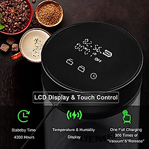 JUEMEL Automatic Vacuum Coffee Canister, Food Storage Container with Temperature & Humidity LCD Display,Time Record,Automatic Vacuum Suction,Electric Coffee jar Clear Glass-16oz/1350ml
