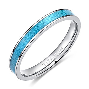 TIGRADE 3MM Titanium Ring Blue Turquoise Engagement Wedding Band for Woman Size 3-13, Silver, Size 7