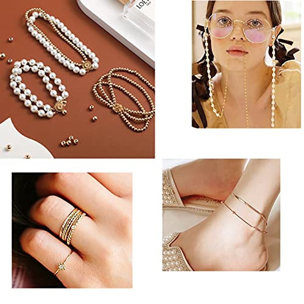 300pcs 4mm 14K Gold Plated Brass Beads Long-Lasting Round Smooth Spacer Beads Seamless Loose Ball Beads Gold Metal Beads for Summer Hawaii Stackable Necklace, Bracelet, Earring Making (Color : Gold,