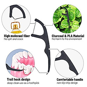 Y-Kelin Natural Dental Floss Picks - Vegan, Eco Friendly Black Bamboo Charcoal Dental Teeth Stick Tooth Pick Toothpick Flosser for Oral Care with a Fresh Feel Minty Flavor (100 Pcs)