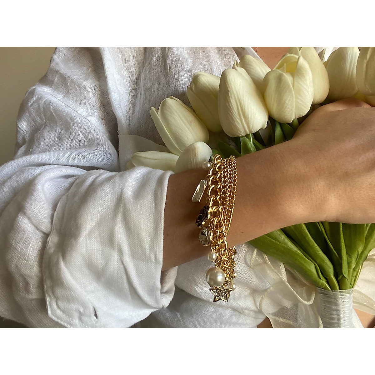 Fashion Jewelry designer inspired statement gold tone chain boho chic charm bracelet for women (Clover)