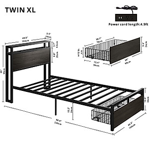 LIKIMIO Twin XL Bed Frames with Drawer, Storage Headboard with Outlets, No Box Spring Needed, Easy Assembly, Gray Black