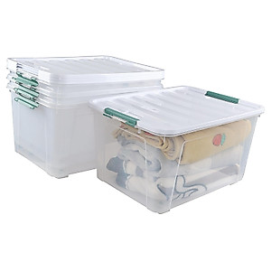 Qskely 80 L Large Clear View Plastic Storage Bin with Lid and Secure Latching Buckles, 4-Pack Wheeled Clear Storage Boxes