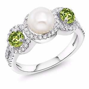 Gem Stone King 925 Sterling Silver Cultured Freshwater Pearl and Green Peridot Ring For Women (1.40 Cttw, Gemstone Birthstone, Available In Size 5, 6, 7, 8, 9)