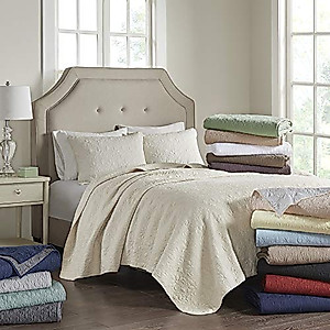 Madison Park Quebec Quilt Set - Luxurious Damask Stitching Design, Cotton Filled Lightweight Coverlet Bedspread Bedding, Shams, Full/Queen(90"x90"), Cream 3 Piece