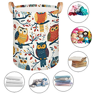 Tablerazzi Laundry Hamper Owl Colorful Large Collapsible Laundry Baskets Waterproof Clothes Hamper with Leather Handles for Bedroom, Bathroom, Dorm, Toys