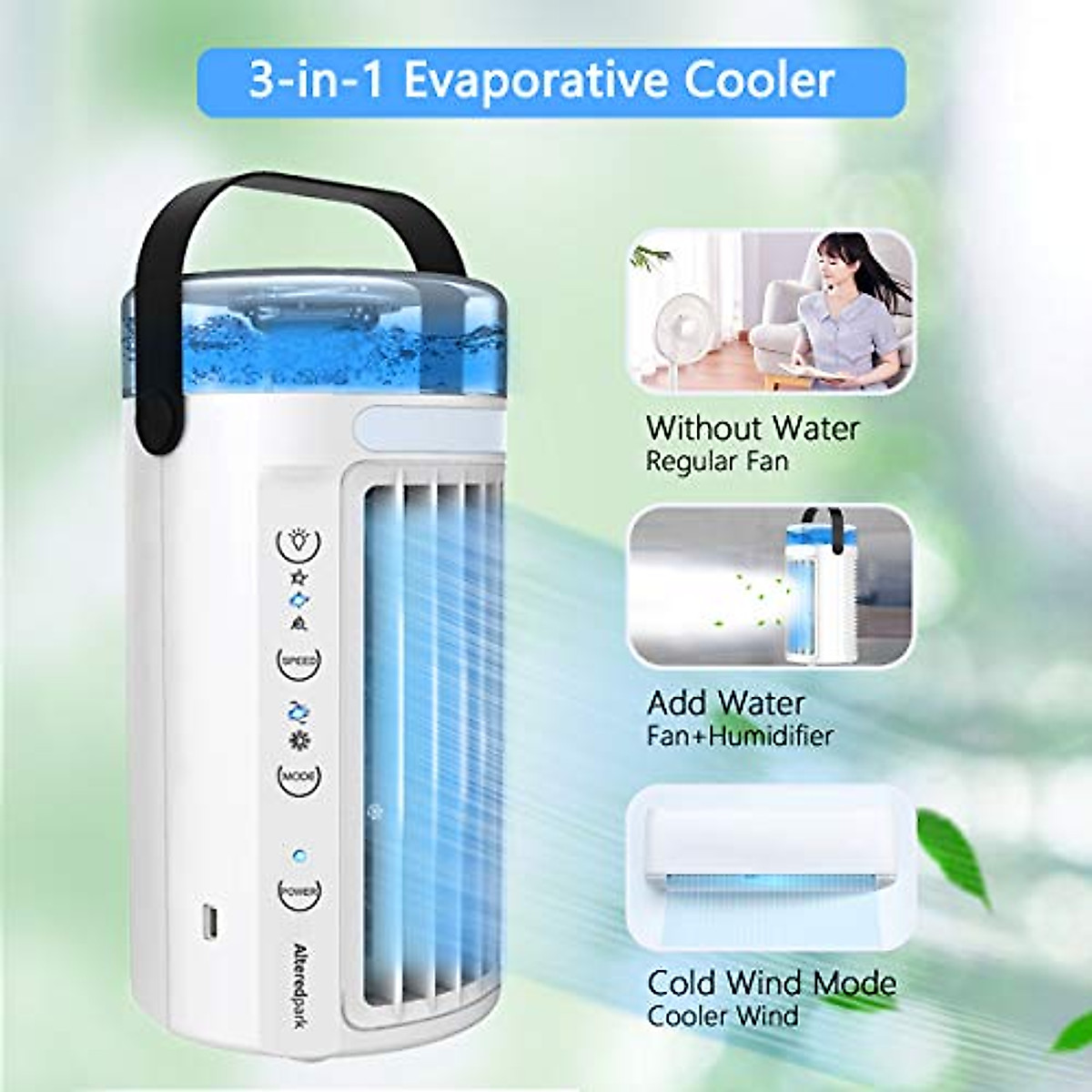 Altered park Portable Air Conditioner Fan, Personal Cooler Super Quiet Desk Fan Mini Air Cooler with 7 Colors LED Light, 3 Speeds,2-Wind Mode, Air Circulator Humidifier Misting Fan for Home Office