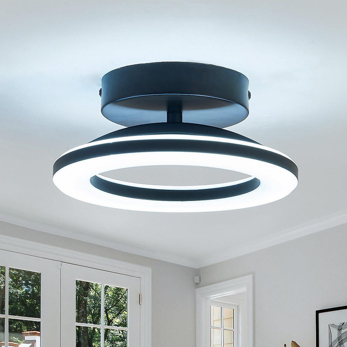 SHIKHO Modern Led Ceiling Light Fixture Black 7.7Inch Round Semi Flush Mount Ceiling Light 12W 6000K Indoor Small Ceiling lamp for Closet Hallway Bathroom Porch Bedroom Kitchen