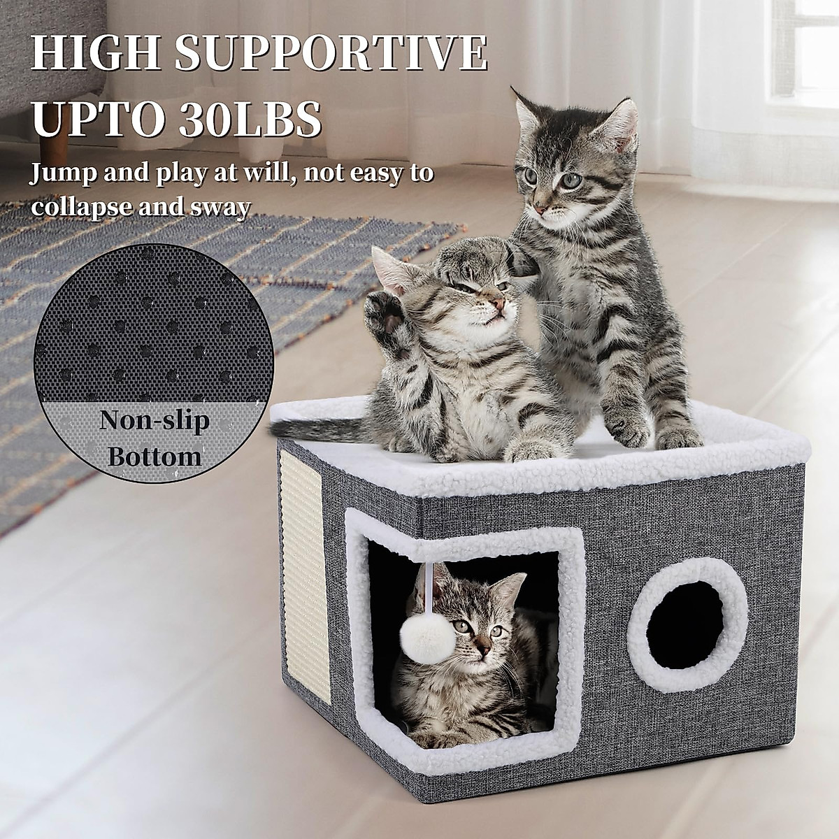 Cat Beds for Indoor Cats, Large Cat Cave with Cozy Condo, Fluffy Hanging Ball, Round Window, Foldable Indoor Cat House Hold Up to 30LBS, Cat Hideaway with Double-Sided Soft Cushions for All Seasons