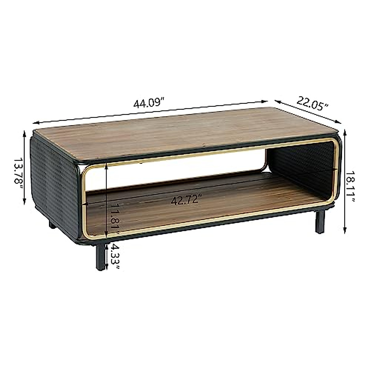 WWZGGO 47in Wood 2-Tier Coffee Table with Storage Shelf Rustic Accent Furniture Metal Frame Brown