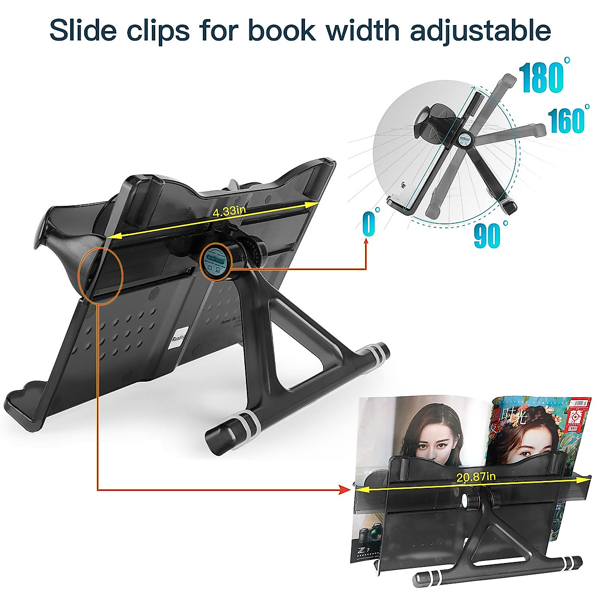 Book Stand with Light ZZWS Adjustable Book Holders for Reading Hands Free Textbook Stand for Cookbook Law Book Music Books Portable Bookstand with Page Clips Gift for Booklovers