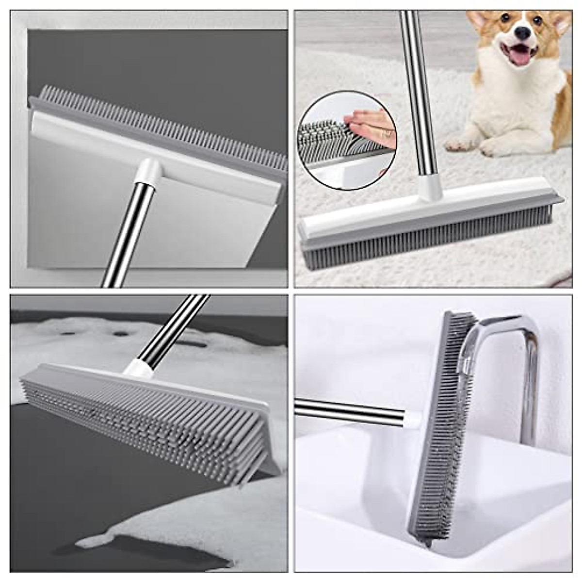 UPKOCH Floor Scrubber Brush Silicone Carpet Rake Hair Cleaning Broom Rubber Broom Carpet Rake Pet Hair Remover Broom Long Handle Scrubbing Brush Household Cleaning Tools White Grey