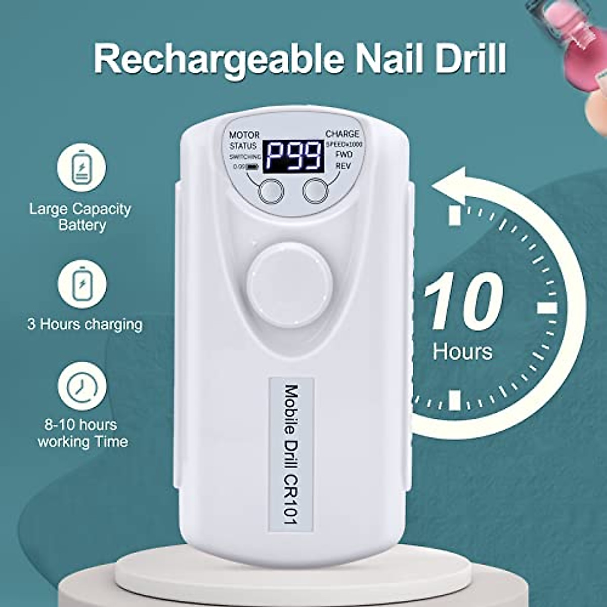 Portable Electric Nail Drill-- 35000RPM Professional Rechargeable Nail File Machine, Cordless Nail Drill E File for Remove Gel Polish Nail for Acrylic Nails Manicure Salon Home with Bits Kit, White