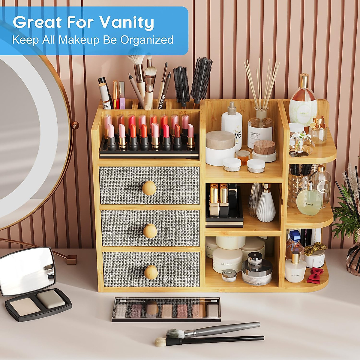 Makeup Organizer Countertop, Cosmetic Skincare Organizers With 3 Makeup Brush Holders/3 Drawers/7 Storage Shelves, Elegant Bamboo Make Up Storage Organizers Holder For Counter Vanity Dresser Bathroom