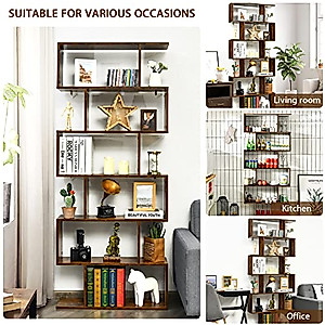 Augester 6-Tier Bookshelf, Wood S-Shaped Bookcase with Anti-toppling Device, Freestanding Display Shelf for Living Room, Bedroom, Office (Coffee)