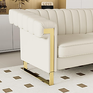 Moxoq Chesterfield Velvet Sofa for Living Room with Gold Metal Legs, 83.86" Mid-Century Modern Luxury Sofa for Bedroom Apartment Office (Beige)