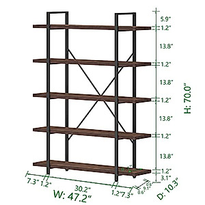 IBF Real Natural Wood 5 Shelf Bookshelf, Industrial Solid Wood Large Open Tall Etagere Bookcase, Rustic Farmhouse Metal Wide Big Book Shelf Storage for Home Bedroom Office Living Doom, Distressed Grey