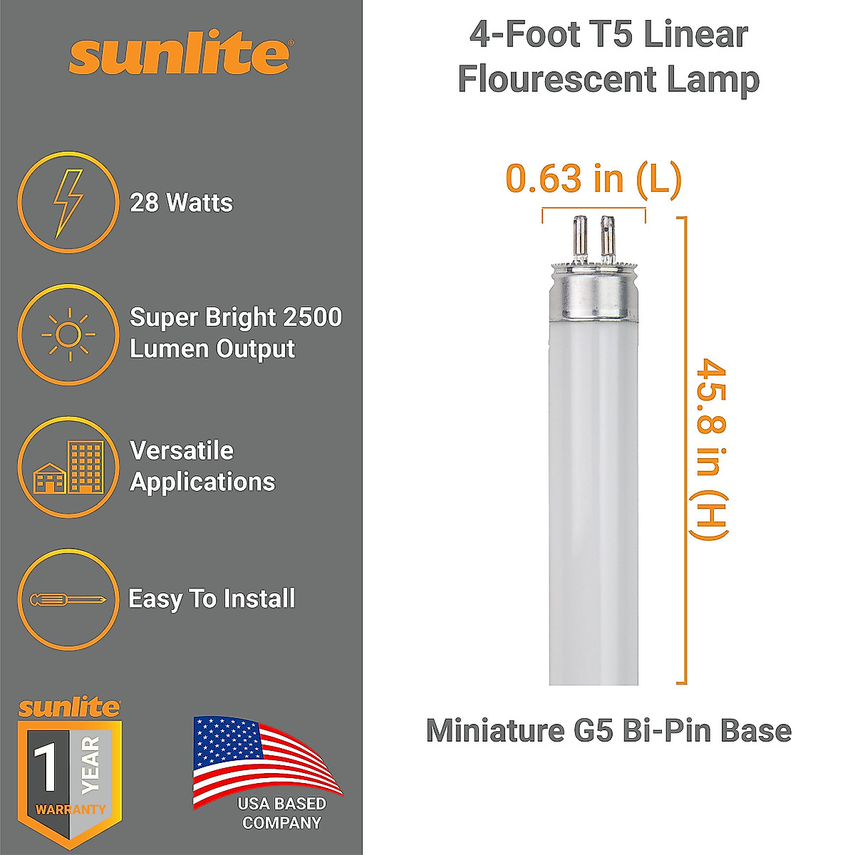 Sunlite 30335 F28T5/835 4 Foot T5 Linear Fluorescent Lamp, 28 Watts, 2500 Lumens, 3500K Neutral White, Miniature G5 Bi-Pin Base, ROHS Compliant, High Performance Straight Tube, 40 Pack
