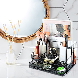 Desk Organizers and Accessories, Office Supplies Desk Organizer Caddy with 7 Compartments + Pen Holder / 72 Clips Set, Mesh Desk Organizer with Drawer, Black Desktop Organizer for Home, Office Ect