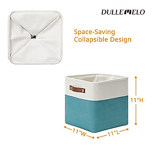 DULLEMELO Foldable Storage Cubes 11 x 11 Organizer Bins,Canvas Storage Bins Empty Gift Baskets for Organizing with SturdyLeather Handles, Closet Baskets for Nursery Storage(4 Pack - 11" White&Teal)