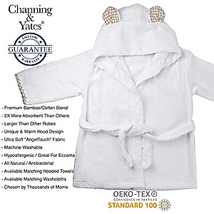 Channing & Yates Premium Boutique Toddler Robe - Organic Hooded Bathrobe Towel - Soft Towel Robe - Toddler Bath Essentials (White)